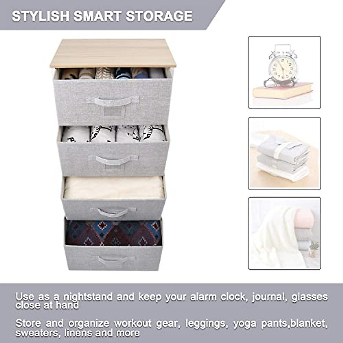 CERBIOR Drawer Dresser Closet Storage Organizer with Label Card 4-Drawer Closet Shelves, Sturdy Steel Frame Wood Top with Easy Pull Fabric Bins for Clothing, Blankets - Grey