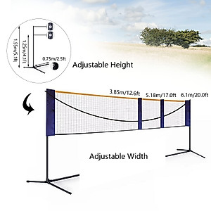 Portable 20FT Volleyball Tennis Net Adjustable Height Poles Badminton Net Set for Outdoor Sports W/ Carry Bag and Stand