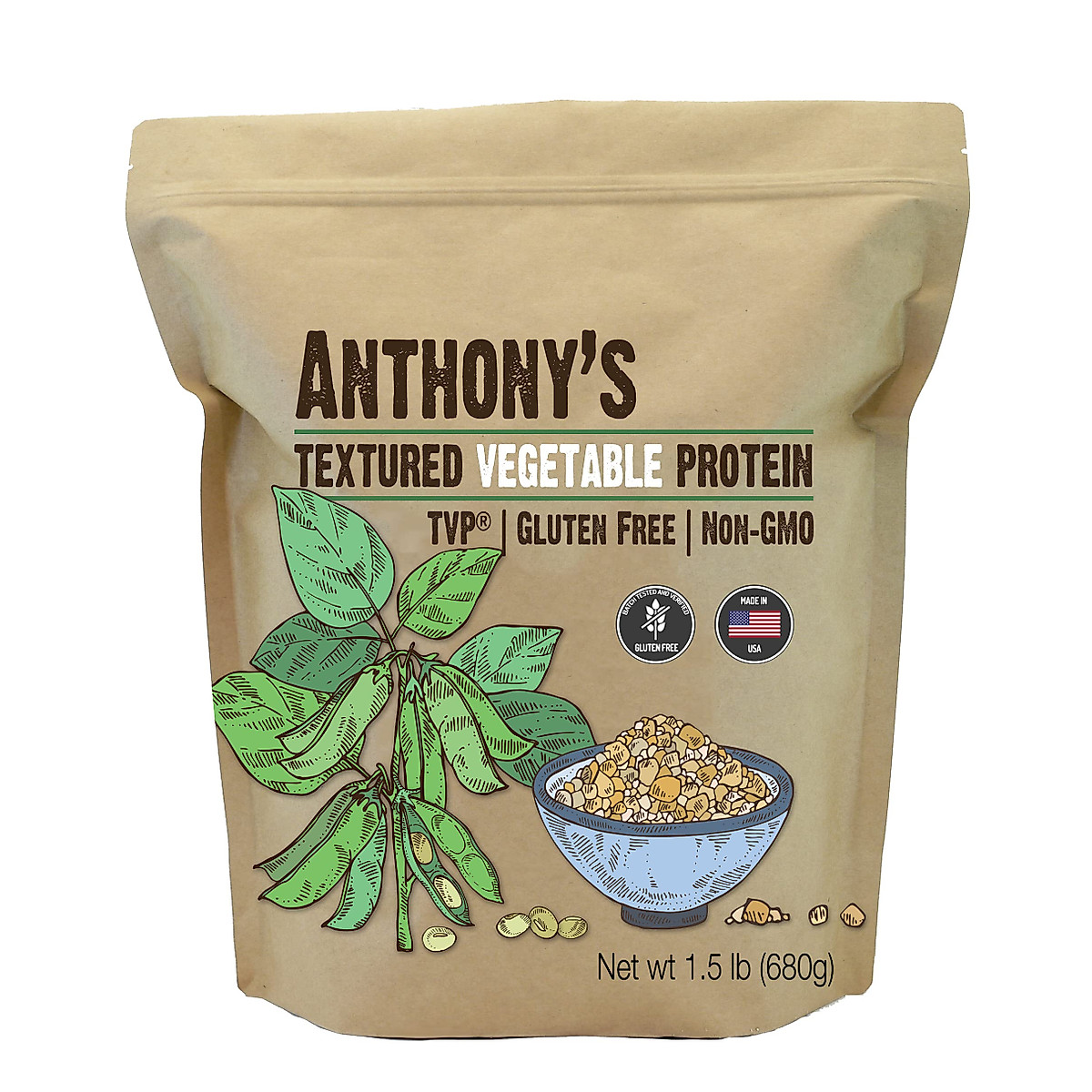 Anthony's Textured Vegetable Protein, TVP, 1.5 lb, Gluten Free, Vegan, Made in USA, Unflavored