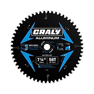 CRALY 7-1/4 Inch 56 Teeth Aluminum and Non-Ferrous Metal Cutting Circular Saw Blade, 5/8 Inch Arbor, Carbide Tipped, Thin Kerf, Black Ice Coating, for Medium Aluminum, Plastic, Composite(C0756AL)