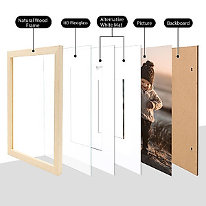 KINLINK 11x14 Picture Frames White Oak, Light Wood Frames with Acrylic Plexiglass for Pictures 5x7/8x10 with Mat or 11x14 without Mat, Tabletop and Wall Mounting Display, Set of 4