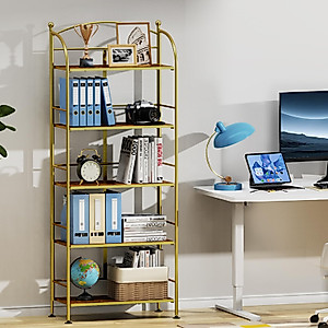 FRAPOW Folding Bookshelf No Assembly, 5 Tier Shelf Gold Collapsible Bookcase, Arched Metal Display Tall Book Shelf with Storage Shelves for Bedroom, Living Room, Home Office, Dorm