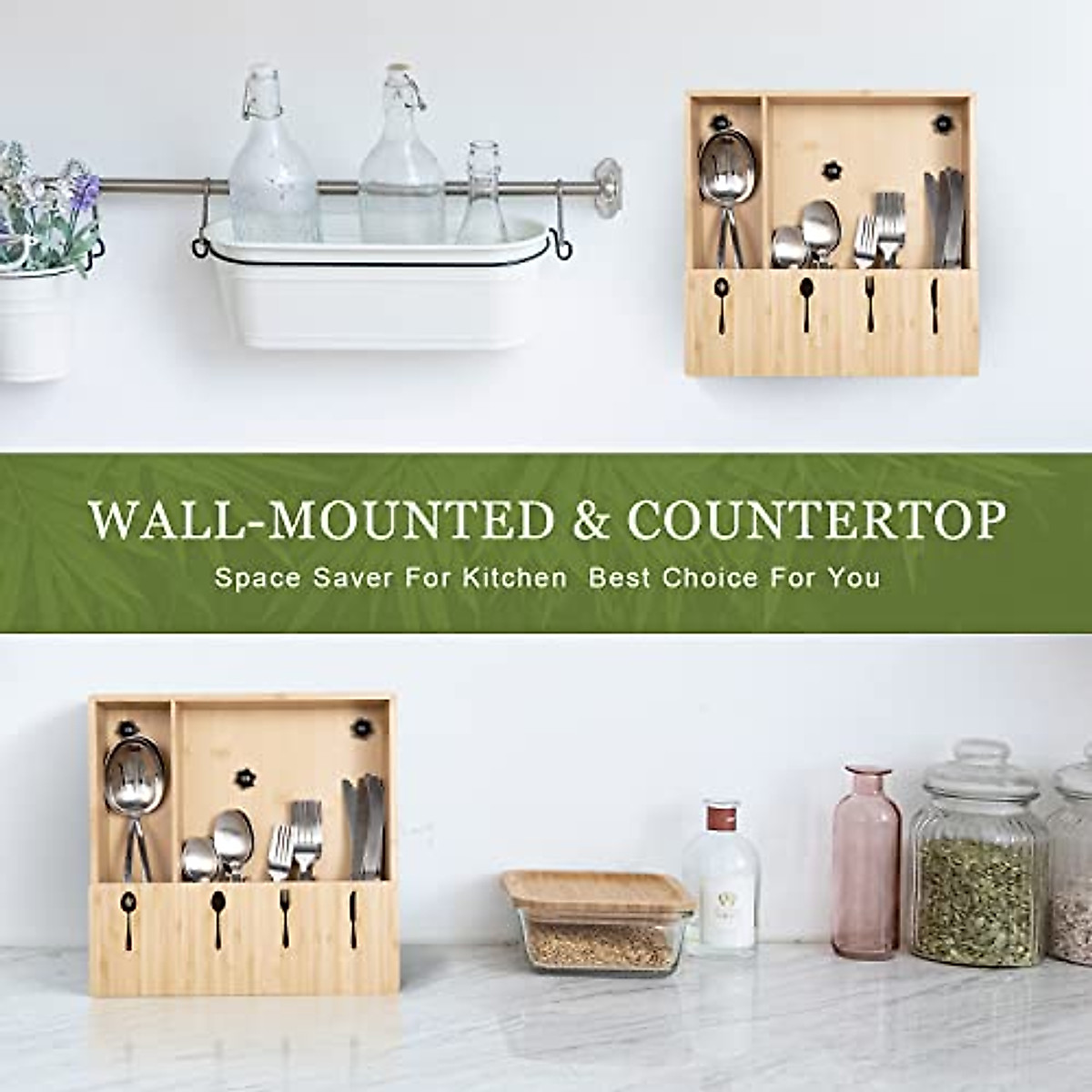 Bamboo Kitchen Utensil Holder for Countertop - Wall Mount Available - Cooking Utensil Caddy with 4 Compartments, Farmhouse Kitchen Decor, Wooden Utensil Organizer for counter