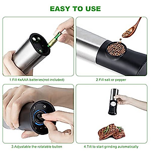 Qoosea Gravity Salt and Pepper Grinder Set, 2 Pack Electric Pepper Grinder Set with LED Light, Stainless Steel Automatic Pepper Grinder Mill Battery Powered, Adjustable Coarseness, One Hand Operated