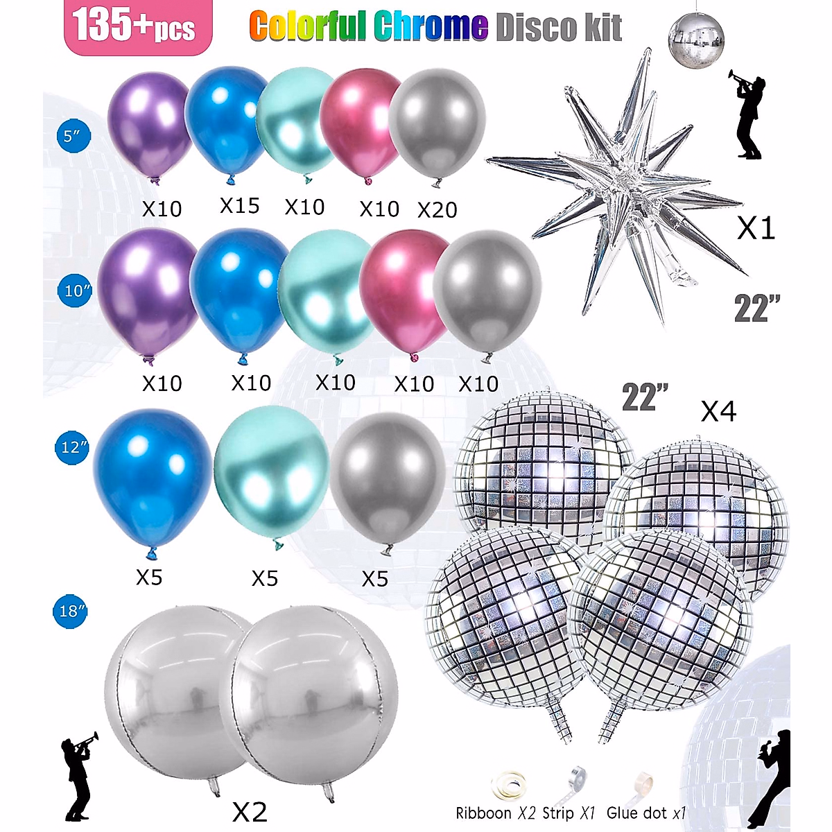 Metallic Balloon garland kit 135Pcs Disco Party decorations with Chrome Blue Red Purple Silver Disco ball balloons for 80s 90s Themed Birthday graduation 2024 new year Party eve Decorations