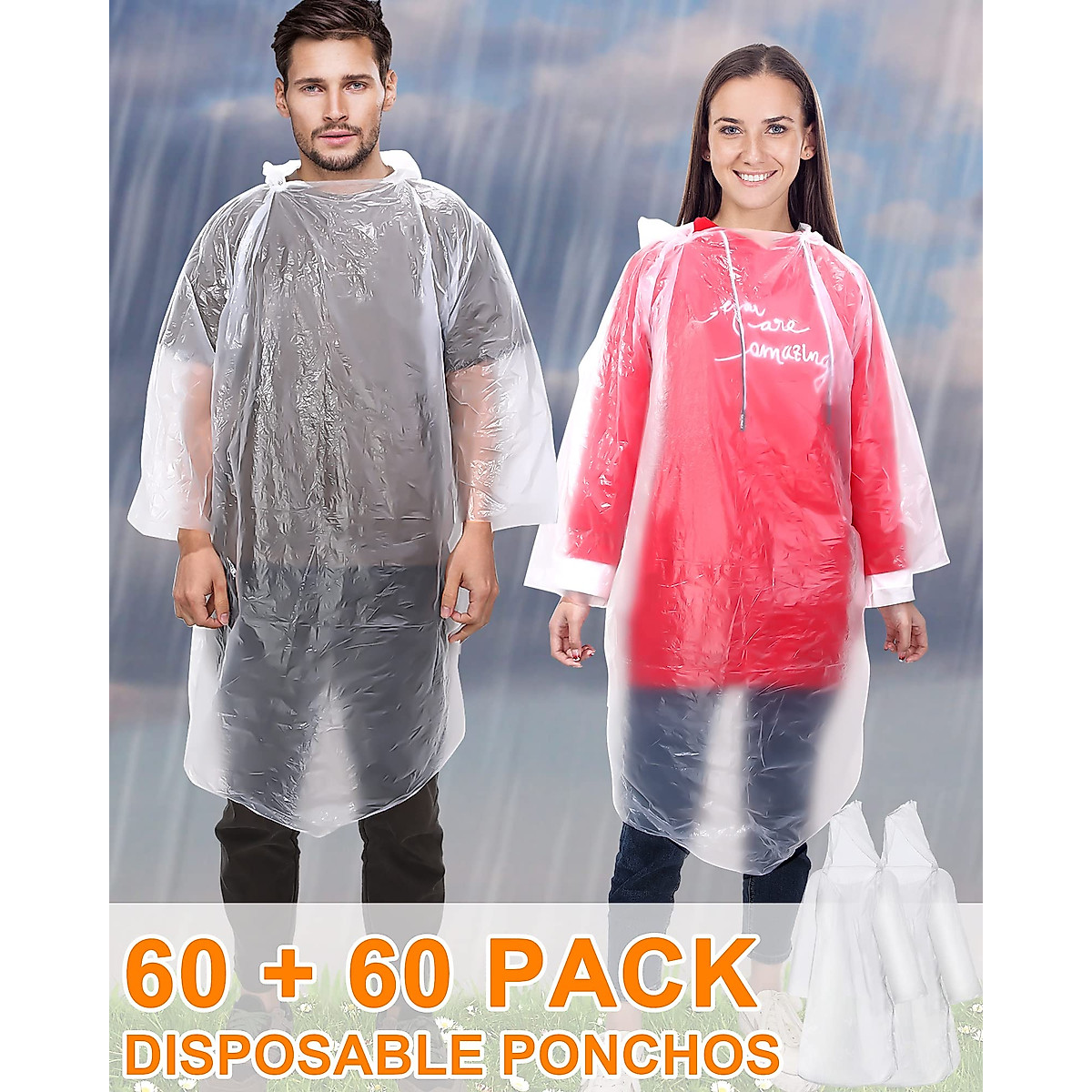 JaGely 120 Pack Disposable Rain Ponchos for Adults Bulk Emergency Travel Essential Family Pack Operation Raincoat with Hood(Clear)