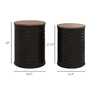 HOMCOM Nesting End Table Set of 2, Round Storage Ottoman Stool with Removable Wood Lid, Metal Frame & Hidden Space, Farmhouse Side Table for Living Room, Black