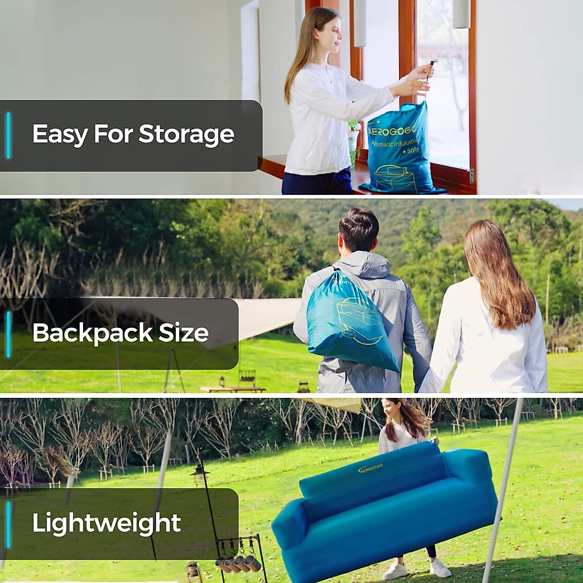 Aerogogo Inflatable Couch Self Inflatable Sofa, Air Couch with Built-in Air Pump Rechargeable, 4kPa High-Pressure & Durable Blow up Couch Camping Couch for Picnic Beach Home (Loveseat)