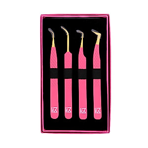 M LASH Tweezers for Eyelash Extensions (Set of 4) - Professional Lash Extension Tweezers - Fiber Tip, Japanese Steel, Diamond Grip Eyelash Extension Tweezer (Pink)