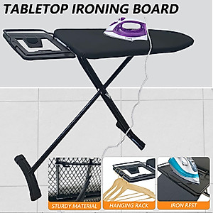 ikaufen Ironing Board, Non-Slip Foldable Tabletop Iron Board with Steam Iron Rest and Thicken Felt Pad, Heavy Sturdy Metal X-Legs Ironing Board (Black)