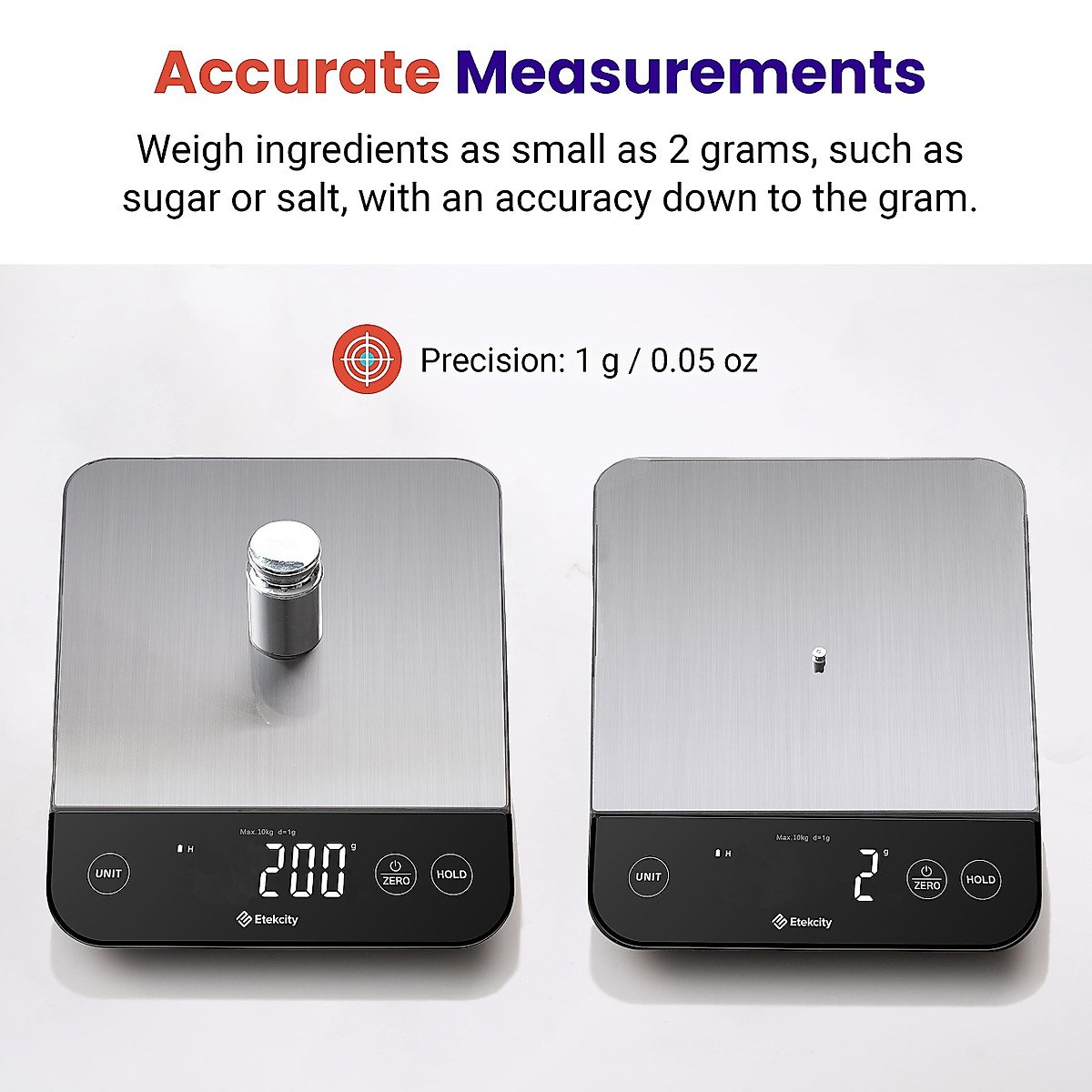 Etekcity Luminary 22lb Food Kitchen Digital Scale for Weight Loss, IPX6 Waterproof, Rechargeable, Ounces and Grams for Cooking Baking, 0.05oz/1g Precise Graduation, 304 Stainless Steel