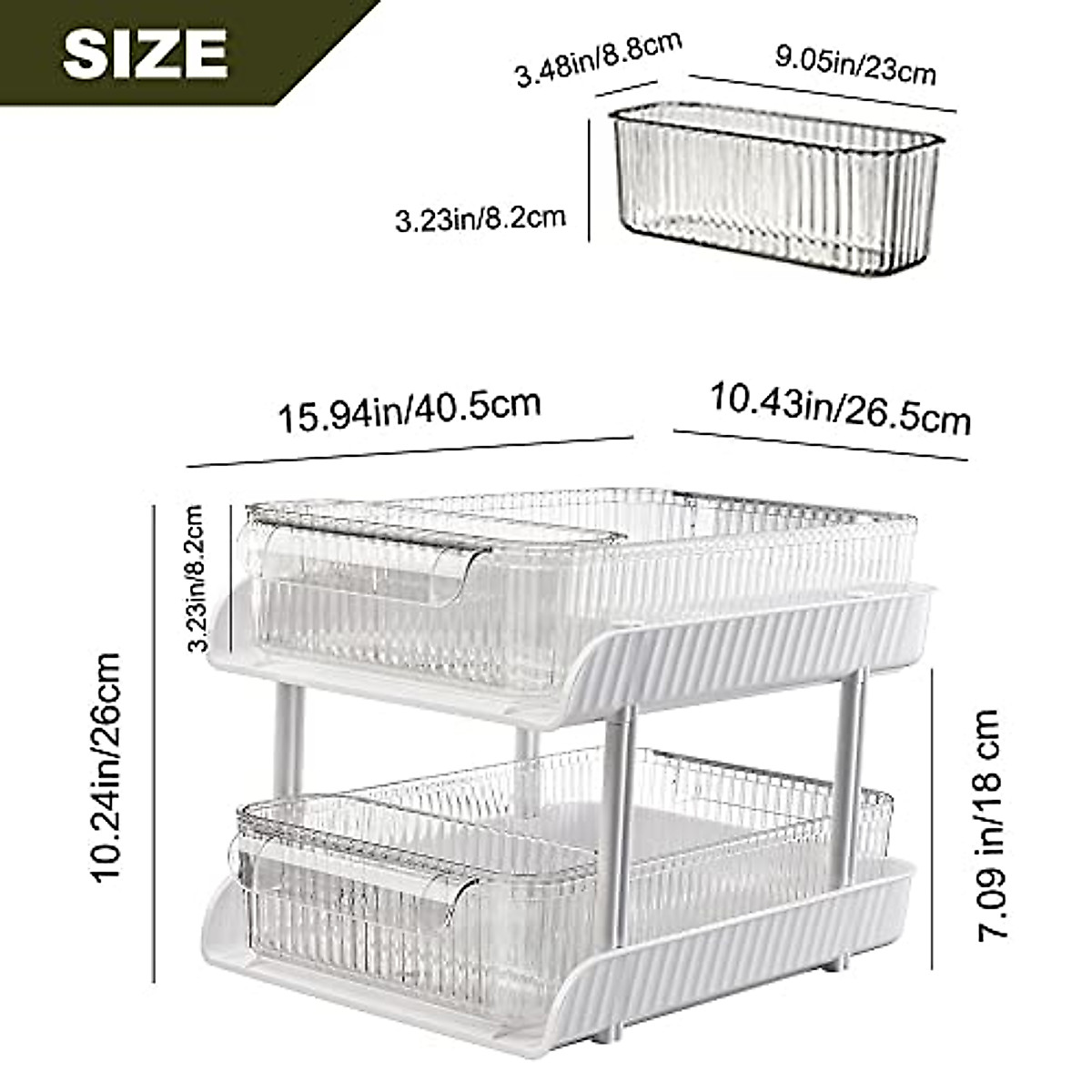 2 Tiers Under Sink Organizers And Storage, Plastic Storage Basket Drawers With Handle, White Multi-Purpose Pull Out Cabinet Organizer Shelf, Counter Organizing Tray For Kitchen, Office, Bathroom