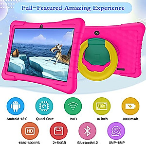 Kids Tablet, 10 inch Tablet for Kids Android 12 Tablet 2GB 64GB Toddler Tablet APP Preinstalled & Parent Control Children Tablet with WiFi, 8000mAh Battery, Dual Camera, Netflix, YouTube(Pink)