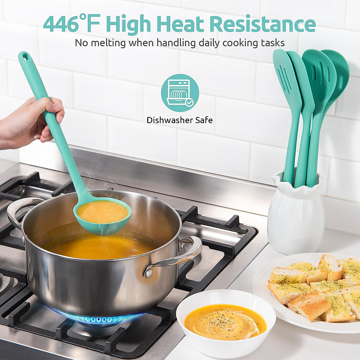 High Heat Resistant Kitchen Utensil: U-Taste 13.6" Silicone Cooking Tools Gadgets Set, Food Grade Non Stick Solid and Slotted Turner Spatula, Mixing Spoon, and Soup Ladle (5 Pieces, Aqua Sky)