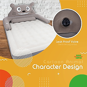 Inflatable Air Mattress Kids Blow Up Bed (Queen Size) – Offers Removable Cartoon Bear Backrest, Cup Holders, Bag, and Electric Pump – Indoor/Outdoor Fun for Travel, Sleepover, Camping, and Movie Night