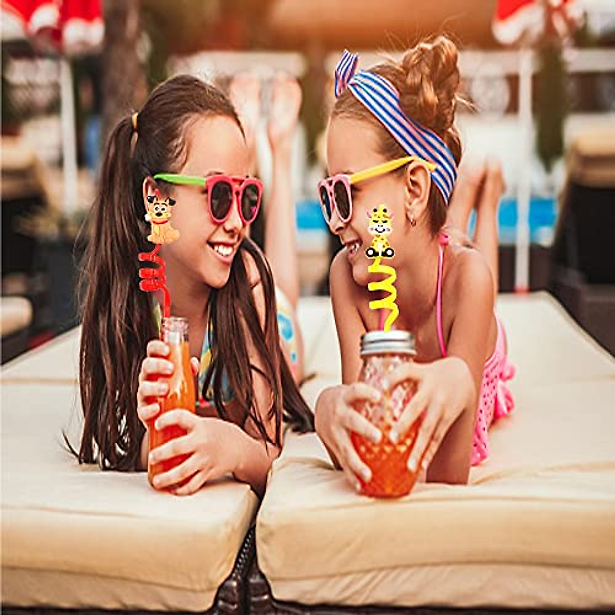 zhenzhe 24 Jungle Party Favors Reusable Straws, Jungle Animal Plastic Straws, Animal Theme Drinking Straws for Kids Jungle Birthday