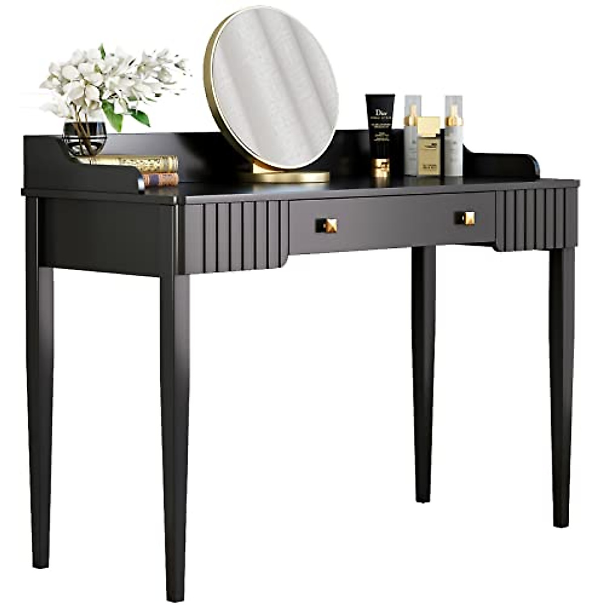 ukorua White Vanity Desk Wooden Desk with Drawer Modern Desk Computer Desk White Makeup Table with Gold Handle (Black)