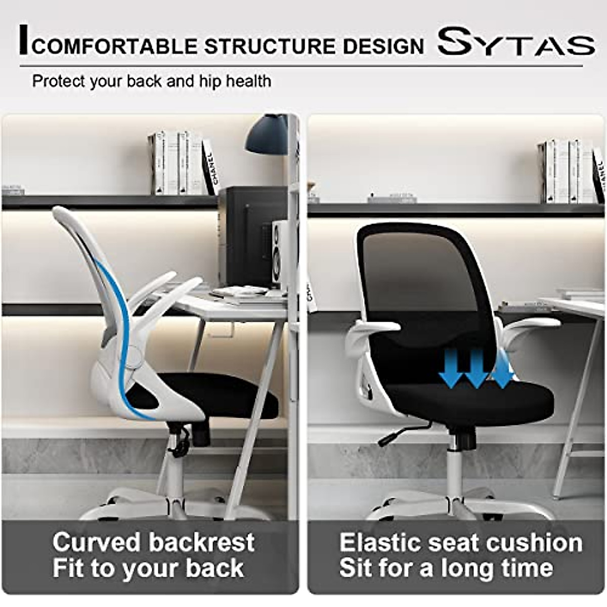 Sytas Office Chair Ergonomic Desk Chair Rolling Swivel Mesh Computer Task Chair with Flip-up Arms and Adjustable Height，for Adults and Kids，White