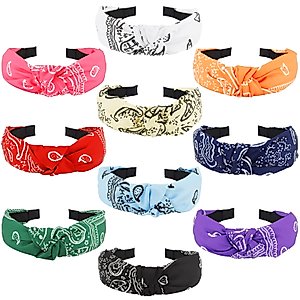 Jaciya Bandana Headbands for Women 10pcs Knotted Headband for Women Girls Head Bands Paisley Top Knot Turban Hair Bandanas Wide Vintage Boho Headbands Hair Accessories