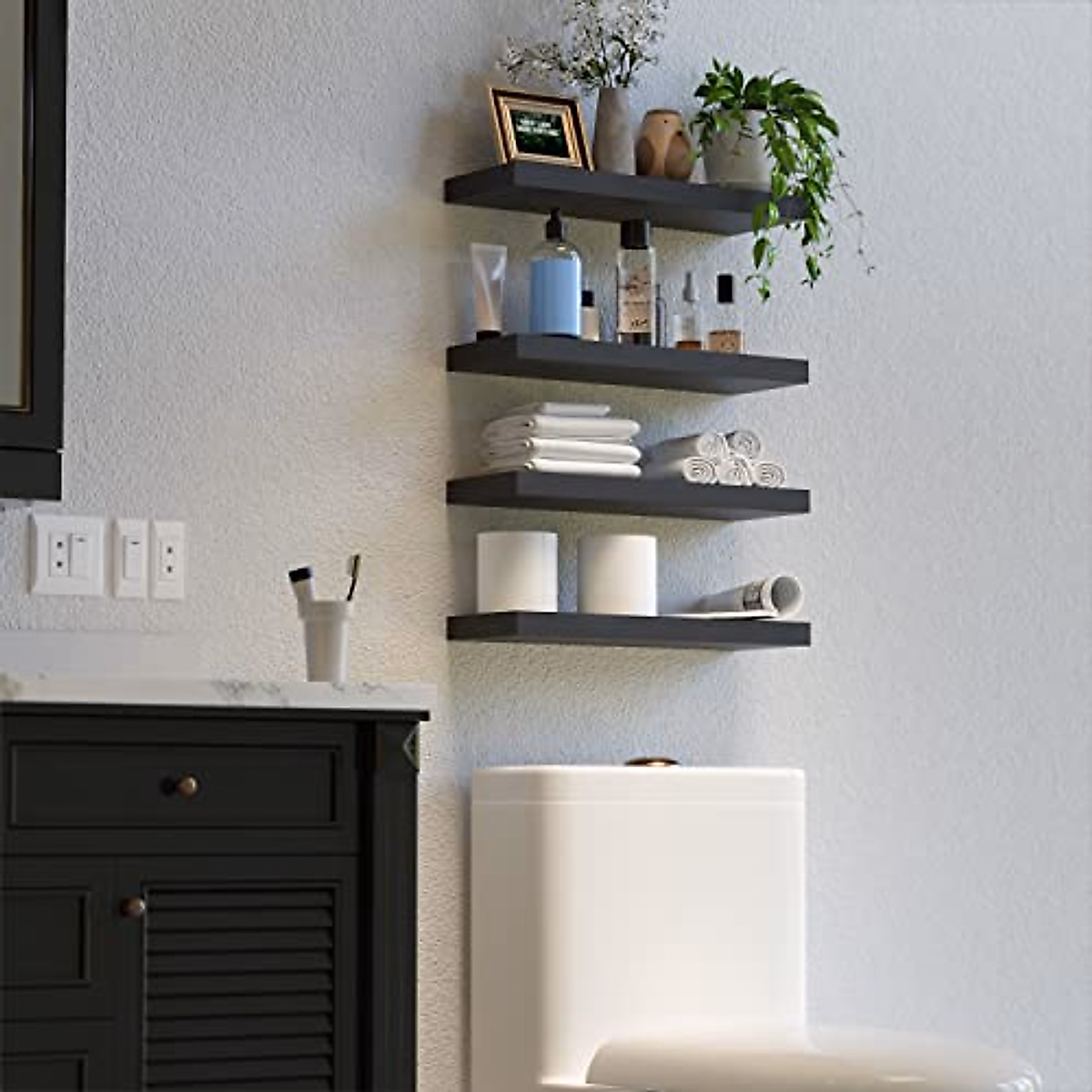Boswillon 4 Sets Black Floating Shelves with Invisible Brackets,Modern Shelf for Bedroom,Bathroom, Kitchen Wall Decor – Black