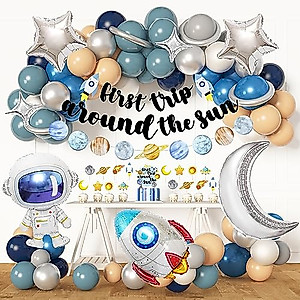 First Trip Around the Sun Birthday Decorations- 74pcs Outer Space Balloon Garland Kit with Banner Cake Topper Astronaut Foil Balloons for Boy 1st First Birthday Baby Shower Space Galaxy Party Supplies