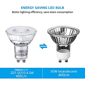TORCHSTAR LED GU10 Light Bulbs, Recessed Track Lighting Bulb, Dimmable, 4.5W=50W, 3000K Warm White, UL& Energy Star Listed, Pack of 6