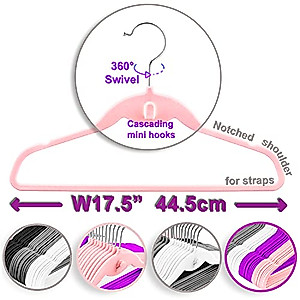 HozyFrozy Multi-Color Premium Velvet Hangers with Mini Hooks, Pack of 50, Non-Slip Space Saving Cascading Clothes and Suit Hangers, Purple, Pink, White, Grey and Black