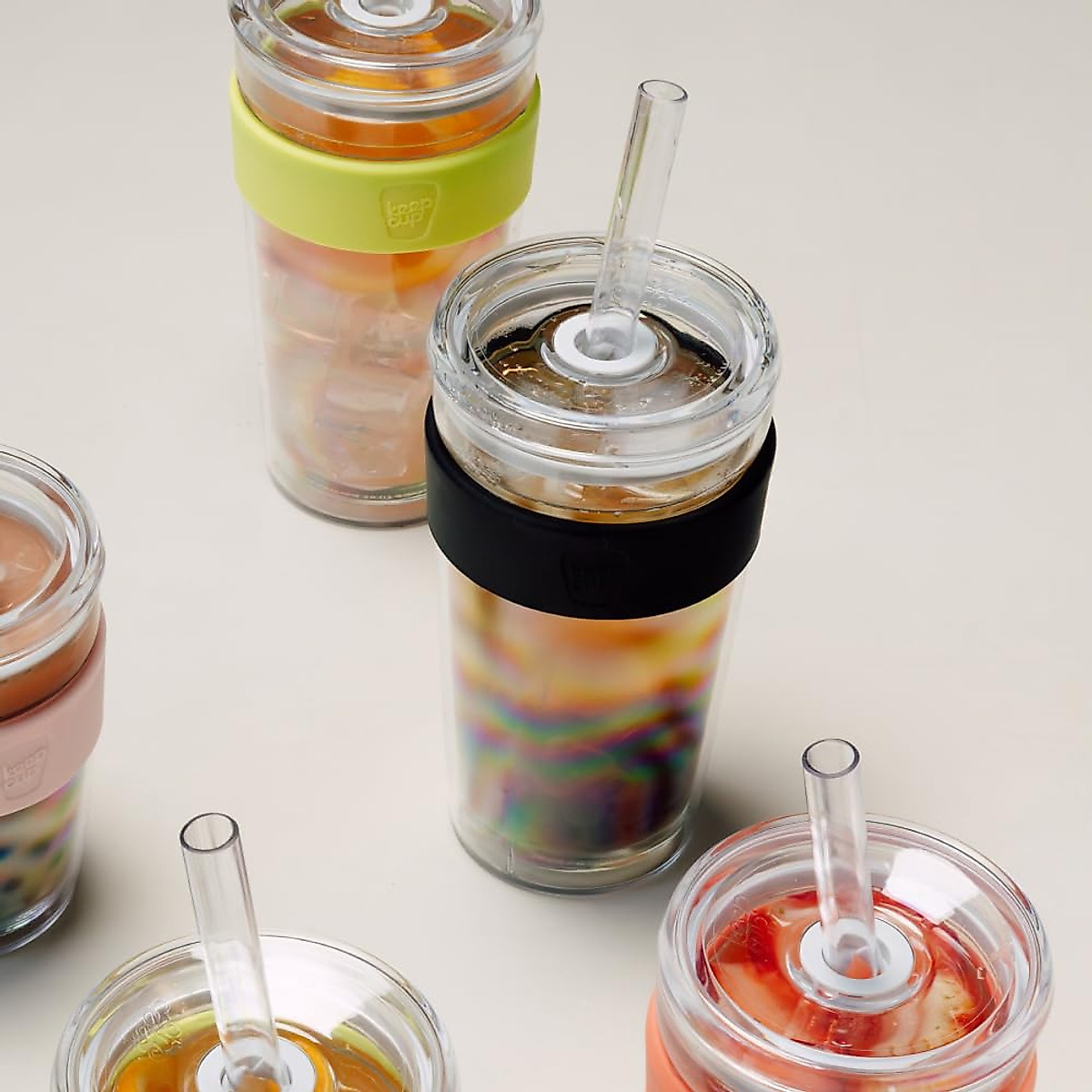 KeepCup Cold Cup - Longplay Double wall Glass Ice Coffee Tumbler with Lid and Straw - 16oz (454ml) - Black