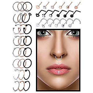 SCERRING 20G Nose Rings Hoop Stainless Steel Bone L Shaped Screw CZ Heart Nose Studs Cartilage Tragus Earrings Piercing Ring Hoop Body Jewelry Set 48PCS Mix Color 1#