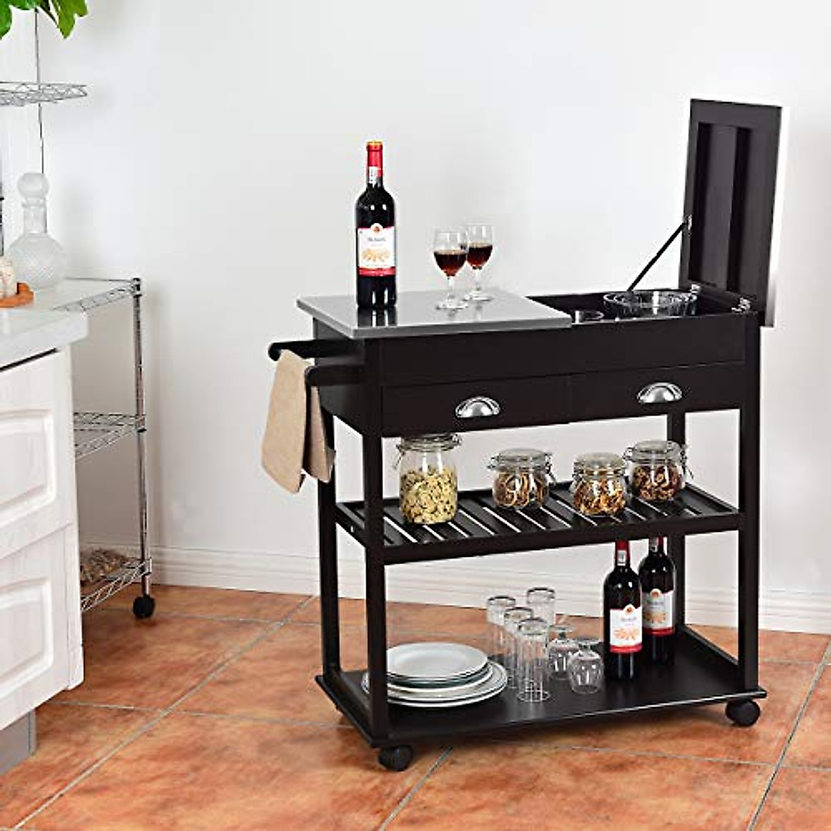 Giantex Kitchen Trolley Cart Rolling Island Cart w/Stainless Steel Flip Top Cutting Table 2 Drawers 2 Shelves Multipurpose Storage Cart Microwave Cart with Towel Rack and Casters (Brown)