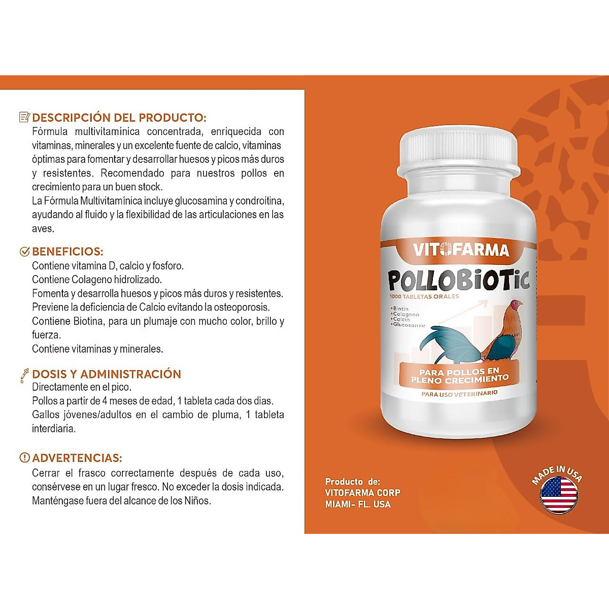 VITOFARMA POLLOBIOTIC - Essential Vitamin Supplement for Optimal Health and Performance in Chickens and Roosters - 100 Tablets