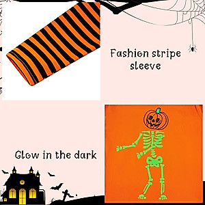 Unisex Kids Little Boys Halloween Pumpkin Shirt Glow in The Dark Skeleton Outfit Girls Stripe Long Sleeve Tee Size 8 9