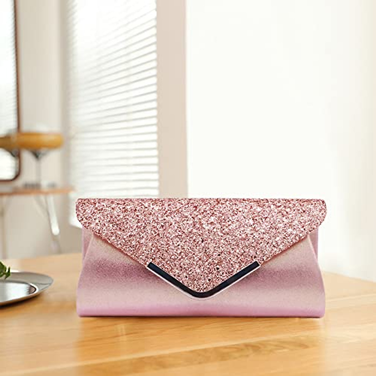 CORIOS Women Envelope Clutch Bag Sequins Evening Bag Shiny Handbag with Detachable Chain Bridal Wedding Purse Sparkly Shoulder Bag Elegant Crossbody Bag for Wedding Cocktail Prom Party Pink A