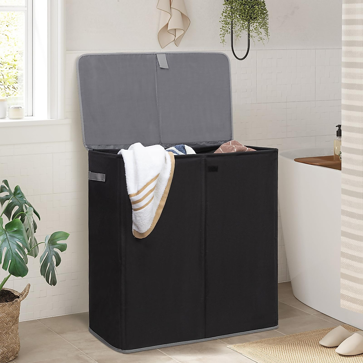 WOWLIVE Laundry Hamper with Lid,160L Large Laundry Basket 3 Section with Removable Washing Bags,Collapsible Waterproof Dirty Clothes Hamper for Laundry Room Bathroom Dorm,Black