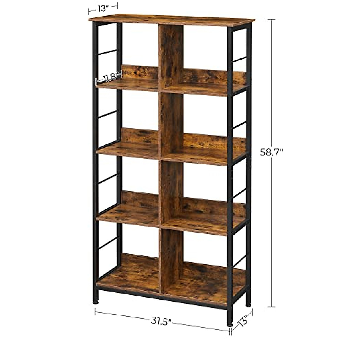 VASAGLE Industrial 8-Compartment Bookshelf, 4-Tier Bookcase with 8 Open Slots, Display Storage Rack, for Office, Living Room, Bedroom, 31.5 x 13 x 58.7 Inches, Rustic Brown and Black ULLS105B01