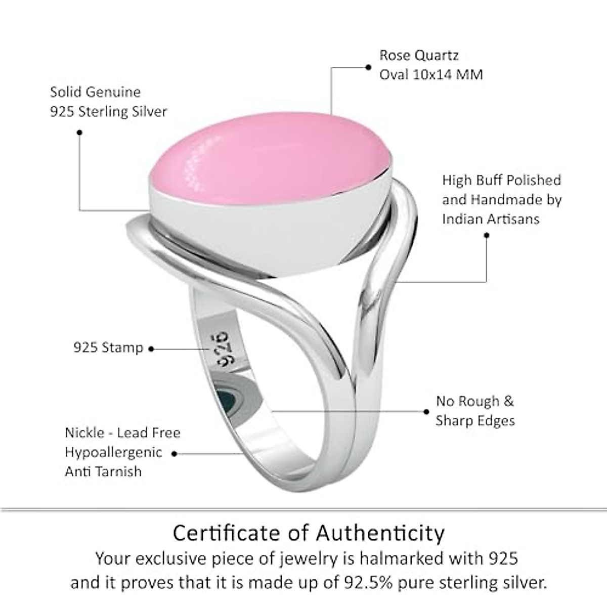 JEWELOPORIUM 925 Sterling Silver Ring for Women Pink Rose Quartz Gemstone Fashion Silver Ring Size 8 Friendship Day Gift Boho Jewelry