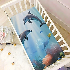 Kigai Underwater World Dolphins Crib Sheets for Boys or Girls,Soft and Breathable Crib Sheets 27x39 Inch