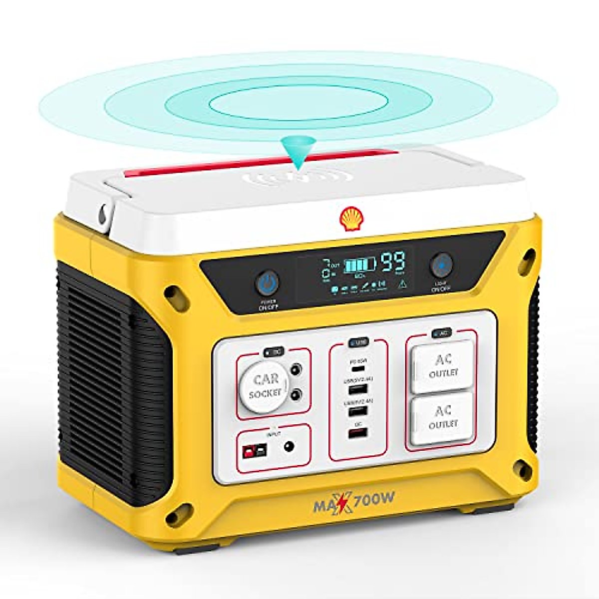 Shell Portable Power Station, 700W 10- Port, S-Boost upto 1400W, 583Wh Solar Generator (Solar Panel Optional) with Lithium Battery Pack, 2 AC Outlets, 60W USB-C PD Port, LED Light + Emergency Triangle