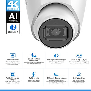 VALUCAM 4K PoE Camera Outdoor, 4K 8MP Starlight Network IP Turret Camera, AI Human/Vehicle Detection, 2.8mm Wide Angel Len, 100ft Night Vision, Built-in Audio, IP67 Weatherproof