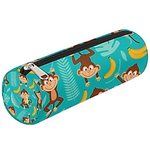Cute Monkey Canvas Pencil Case Bag, Monkey Banana Cylinder Zippe Pencil Case Storage Pouch Simple Stationery Bag for Middle High School Office College Student