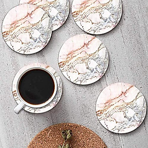 Britimes Coasters for Drinks Absorbent with Metal Holder Stand, Ceramic Stone Coaster Sets of 6, Marble Style Coaster for Coffee Wooden Table, Housewarming Gift Pink