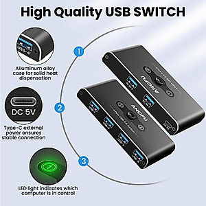 USB Switch, USB 3.0 Switch, Aluminum KM Switch 2 Computers Sharing 4 USB Devices KM Switches 5V USB-C Powered for PC Printer Scanner Mouse Keyboard with 2 Pack USB 3.0 Cable, One Button Switch