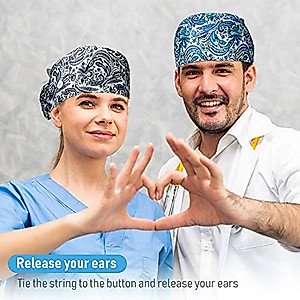 Geyoga 3 Pieces Adjustable Bouffant Hats with Buttons, Tie Back Hats with Sweatband for Women Men