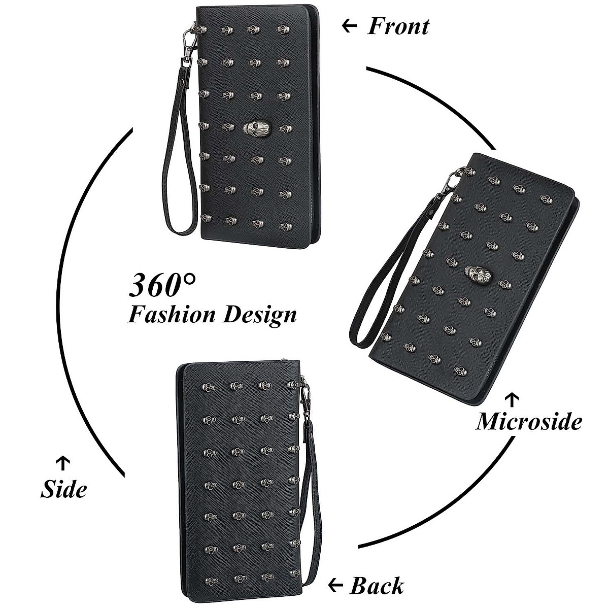 Women's Wallet Large PU Leather Clutch Purse Punk Studded Skull Ladies Wallet Credit Card Holder Organizer Wristlet (Skull)