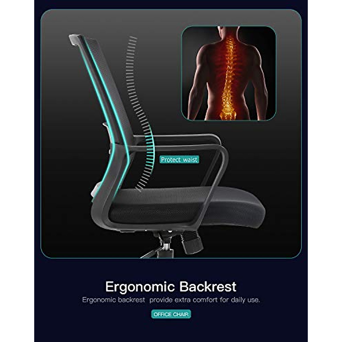 Office Chair Ergonomic Desk Chair Mid Back Computer Chair with Lumbar Support Armrests Breathable Mesh Height Adjustable Chair Rolling Swivel Chairs for Home Office,Black