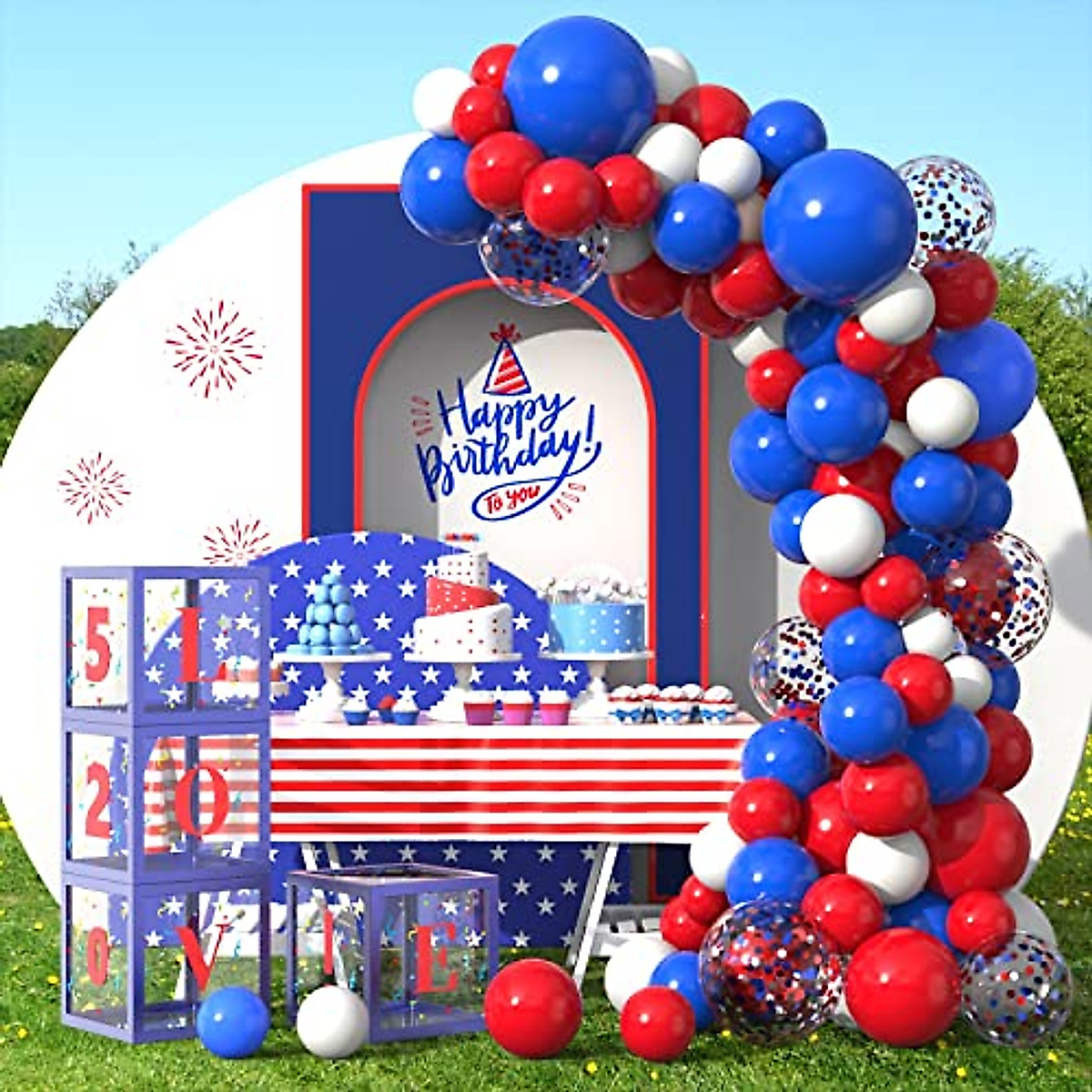 Red White Blue Confetti Balloons Arch Kit, 120 PCS 18in 12in 10in 5in Latex Red White Blue and Confetti Balloons Garland Arches Kit for Anniversary,Super Boy Patriotic Day, Independence Day Decoration