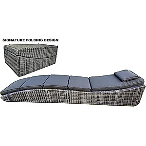 BTEXPERT Foldable Outdoor Chaise Pool Lounge Chair Folding Wicker Rattan Sun Bed Patio Couch Reclining Lounger Adjustable Padded Backrest Pillow Assembled Set of 2, Grey - Two Piece