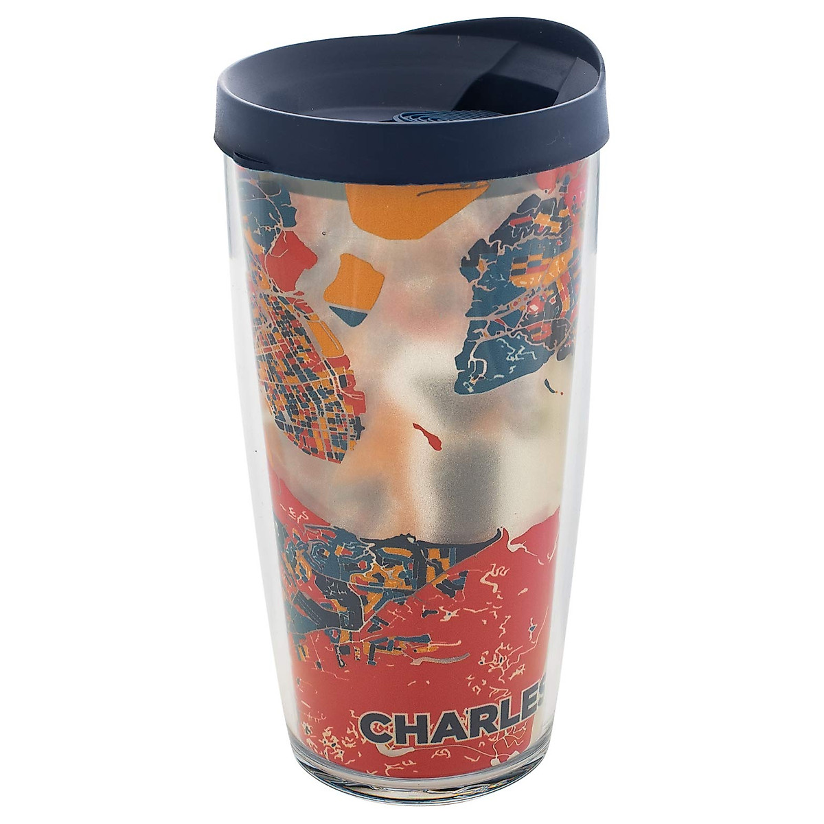 Signature Tumblers Charleston, SC Grid Map Wrap on Clear 16 Ounce Double-Walled Travel Tumbler Mug with Navy Blue Easy Sip Lid