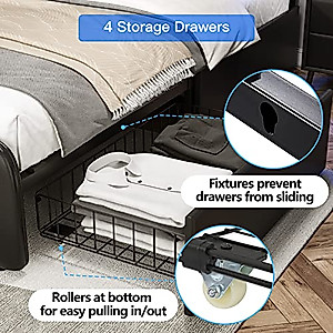 FORABAMB Full Size Bed Frame with LED Lights and USB Ports, Upholstered Platform Bed Frame with Adjustable Headboard and 4 Storage Drawers, No Box Spring Needed,Noise Free, Black