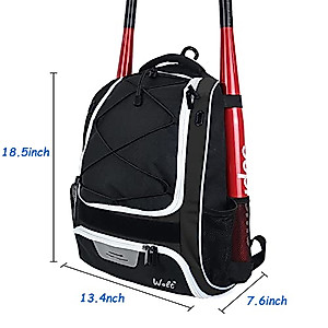 WOLT | Youth Baseball Backpack Bag for Baseball, Softball & T-Ball Equipment & Gear, Youth Boys and Adults, with Holder for Bat, Helmet, Glove, & Shoes Compartment & Fence Hook (Black)